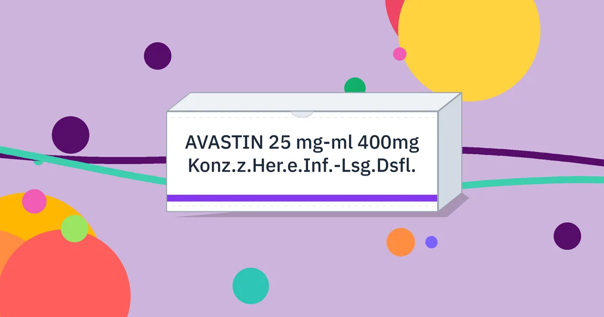 Symbolbild: Packung mit der Aufschrift AVASTIN 25 mg-ml 400mg Konz.z.Her.e.Inf.-Lsg.Dsfl. (PZN 18009881) – Verfügbarkeit und Bezug in Apotheken in Frankfurt am Main