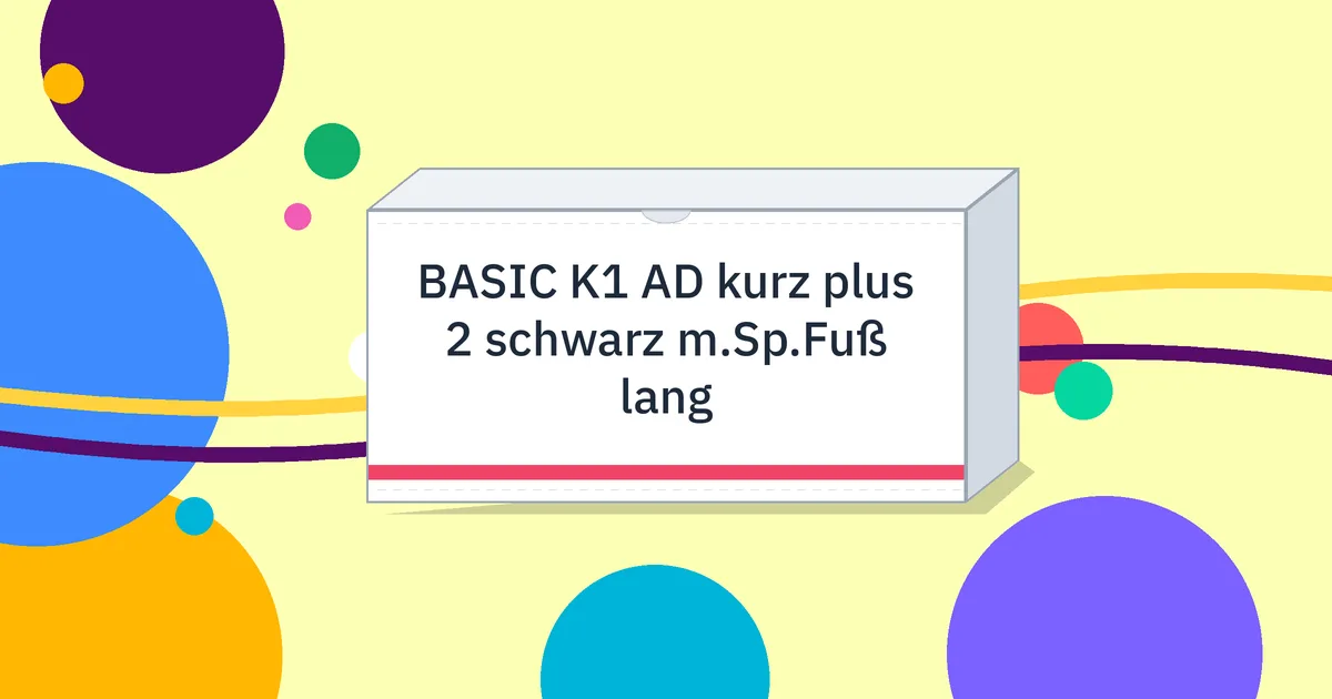 Symbolbild: Packung mit der Aufschrift BASIC K1 AD kurz plus 2 schwarz m.Sp.Fuß lang (PZN 20257416) – Verfügbarkeit und Bezug in Apotheken in Frankfurt am Main