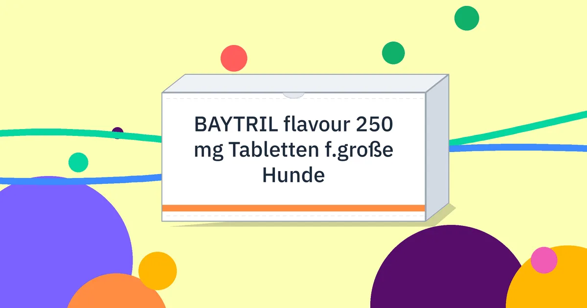 Symbolbild: Packung mit der Aufschrift BAYTRIL flavour 250 mg Tabletten f.große Hunde (PZN 09174664) – Verfügbarkeit und Bezug in Apotheken in Frankfurt am Main