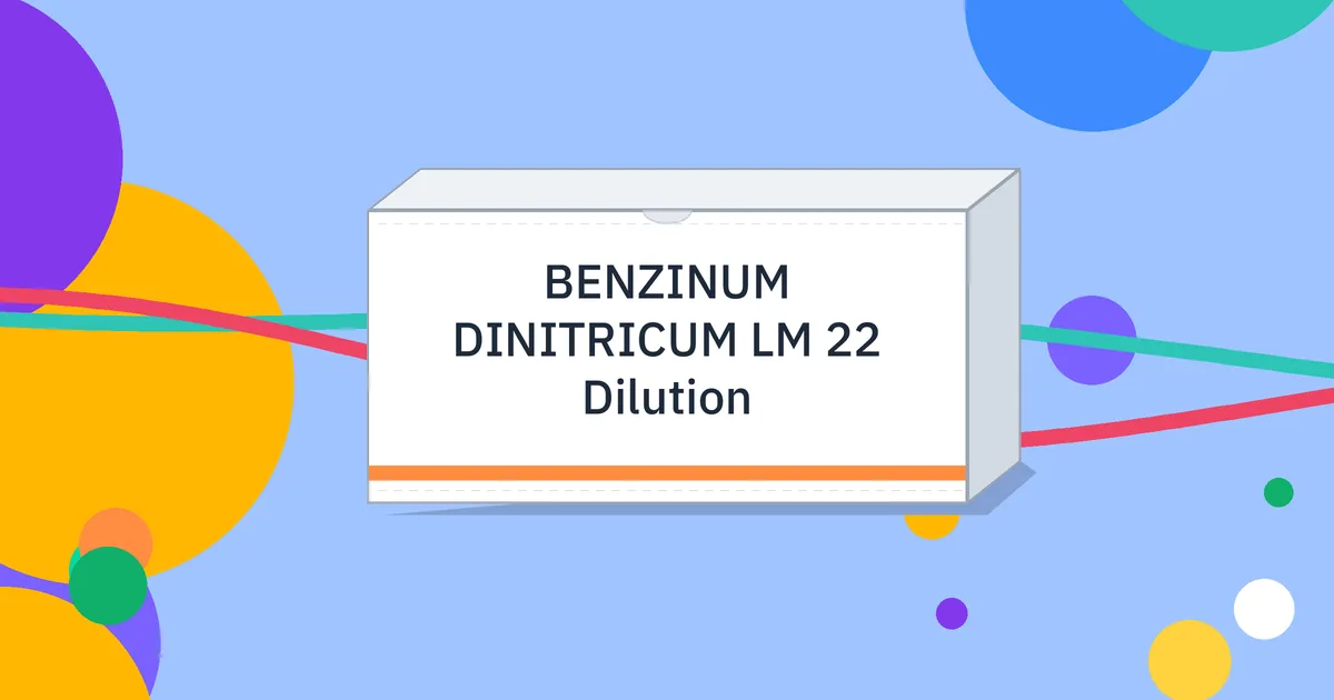 Symbolbild: Packung mit der Aufschrift BENZINUM DINITRICUM LM 22 Dilution (PZN 13382440) – Verfügbarkeit und Bezug in Apotheken in Frankfurt am Main