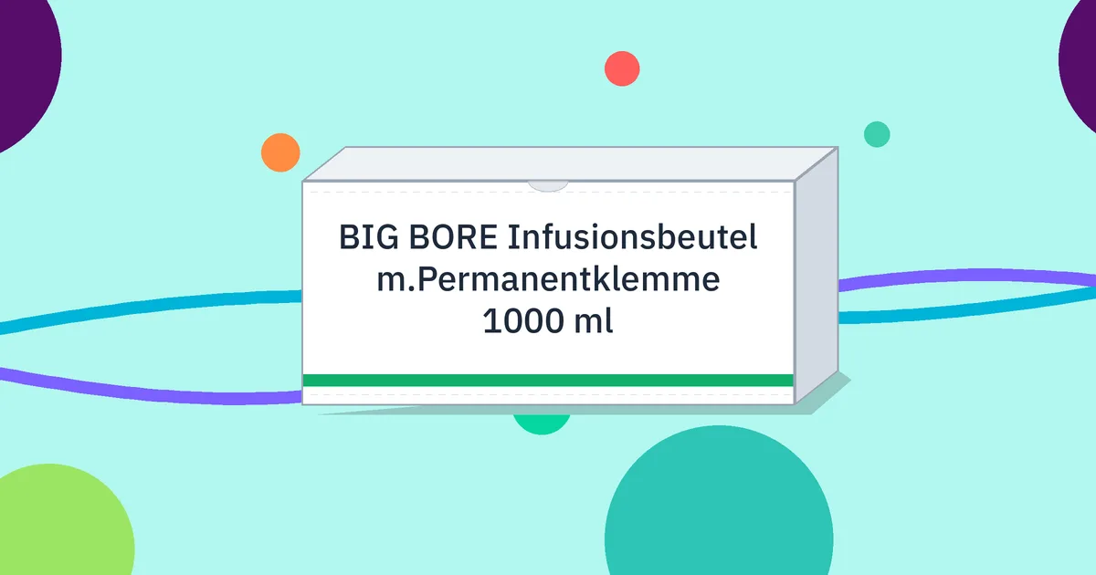 Symbolbild: Packung mit der Aufschrift BIG BORE Infusionsbeutel m.Permanentklemme 1000 ml (PZN 10749437) – Verfügbarkeit und Bezug in Apotheken in Frankfurt am Main
