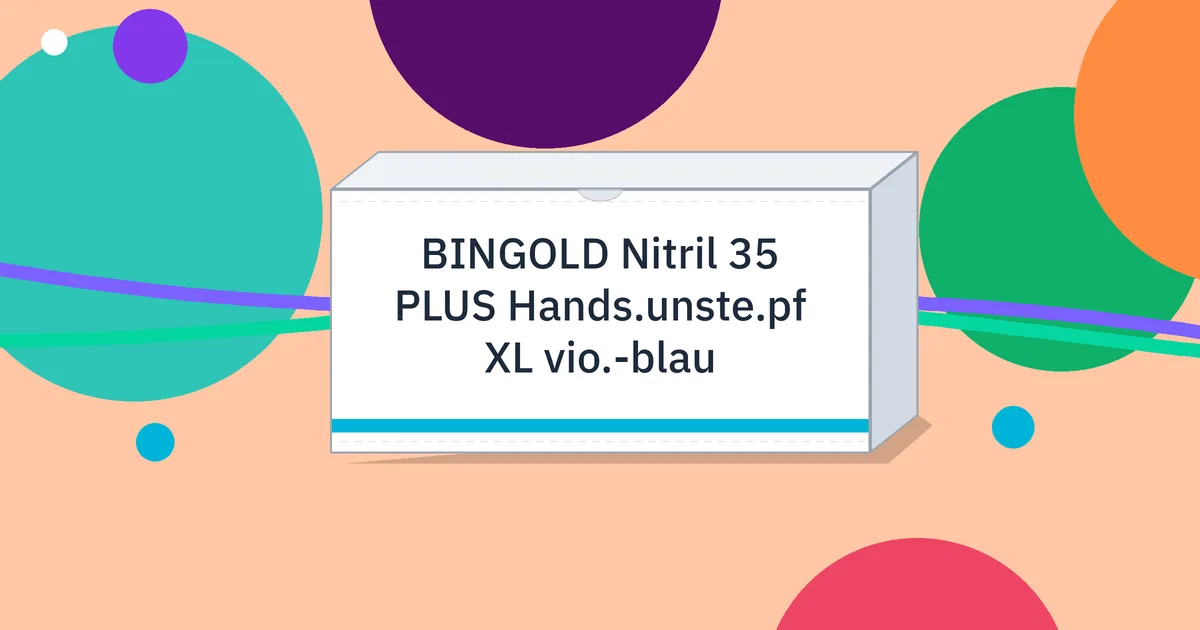 Symbolbild: Packung mit der Aufschrift BINGOLD Nitril 35 PLUS Hands.unste.pf XL vio.-blau (PZN 12390147) – Verfügbarkeit und Bezug in Apotheken in Frankfurt am Main
