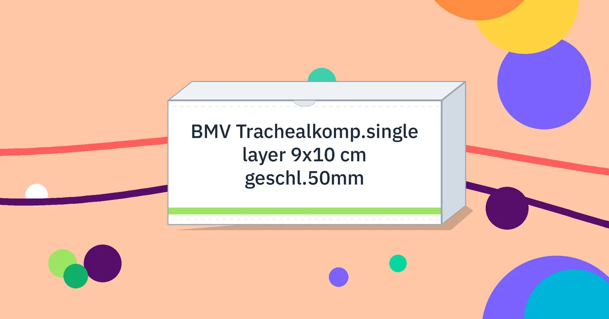 Symbolbild: Packung mit der Aufschrift BMV Trachealkomp.single layer 9x10 cm geschl.50mm (PZN 18155743) – Verfügbarkeit und Bezug in Apotheken in Frankfurt am Main