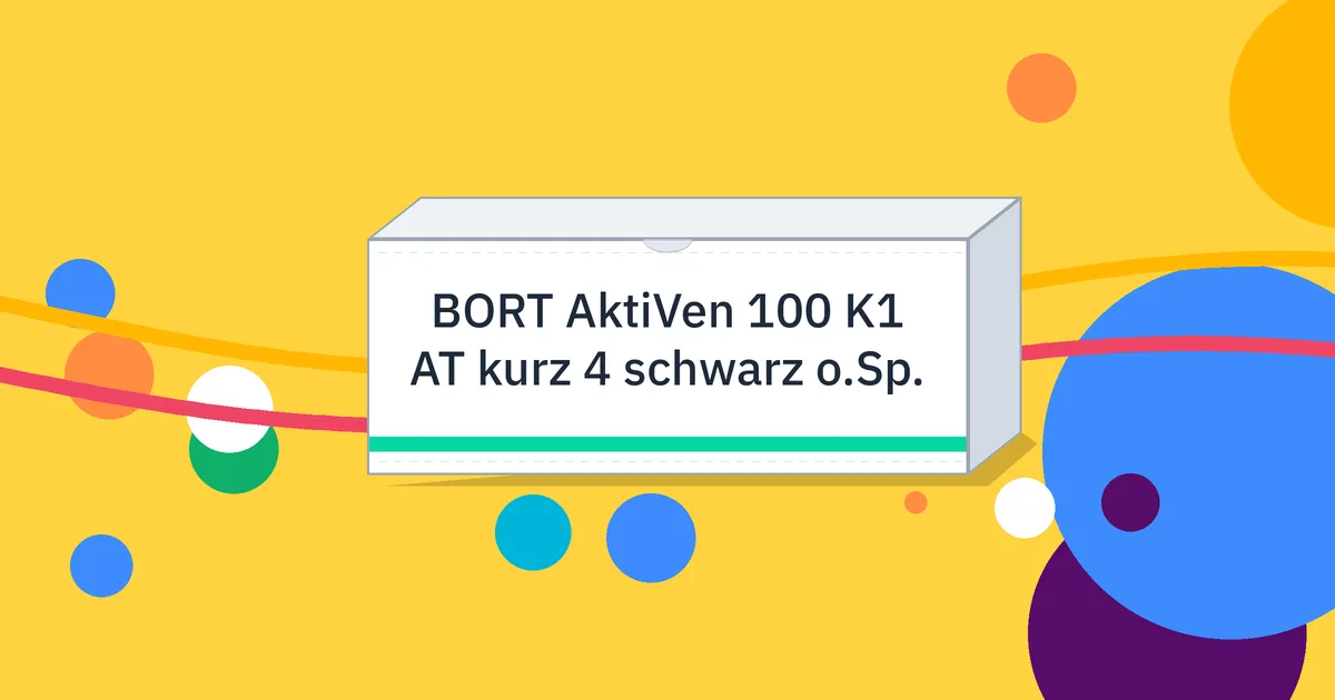 Symbolbild: Packung mit der Aufschrift BORT AktiVen 100 K1 AT kurz 4 schwarz o.Sp. (PZN 14388858) – Verfügbarkeit und Bezug in Apotheken in Frankfurt am Main