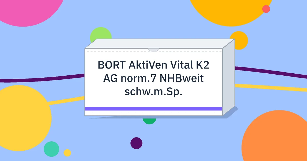 Symbolbild: Packung mit der Aufschrift BORT AktiVen Vital K2 AG norm.7 NHBweit schw.m.Sp. (PZN 12385206) – Verfügbarkeit und Bezug in Apotheken in Frankfurt am Main