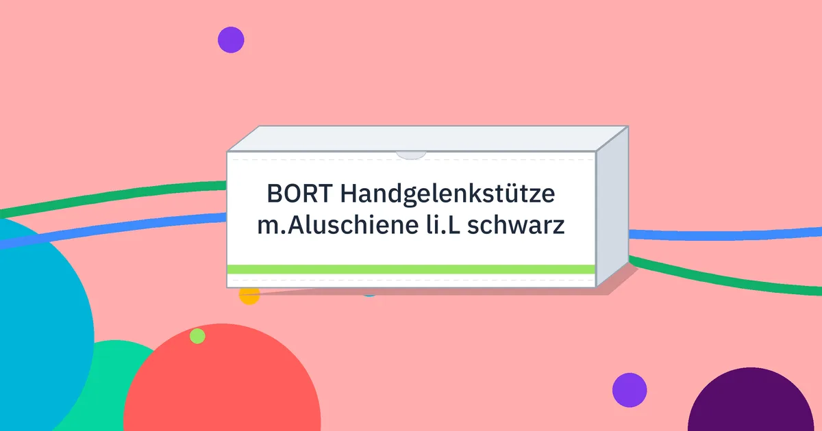 Symbolbild: Packung mit der Aufschrift BORT Handgelenkstütze m.Aluschiene li.L schwarz (PZN 05539465) – Verfügbarkeit und Bezug in Apotheken in Frankfurt am Main