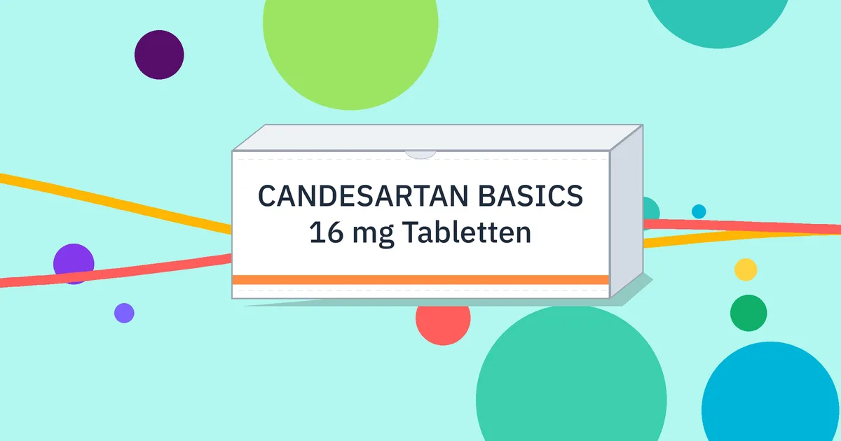 Symbolbild: Packung mit der Aufschrift CANDESARTAN BASICS 16 mg Tabletten (PZN 09482851) – Verfügbarkeit und Bezug in Apotheken in Frankfurt am Main