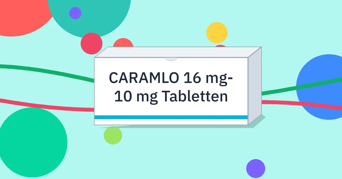 Symbolbild: Packung mit der Aufschrift CARAMLO 16 mg-10 mg Tabletten (PZN 19905123) – Verfügbarkeit und Bezug in Apotheken in Frankfurt am Main