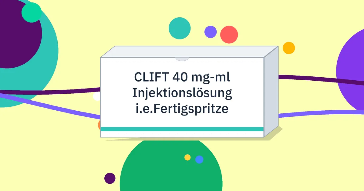 Symbolbild: Packung mit der Aufschrift CLIFT 40 mg-ml Injektionslösung i.e.Fertigspritze (PZN 13424836) – Verfügbarkeit und Bezug in Apotheken in Frankfurt am Main