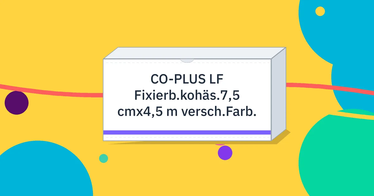 Symbolbild: Packung mit der Aufschrift CO-PLUS LF Fixierb.kohäs.7,5 cmx4,5 m versch.Farb. (PZN 19177801) – Verfügbarkeit und Bezug in Apotheken in Frankfurt am Main