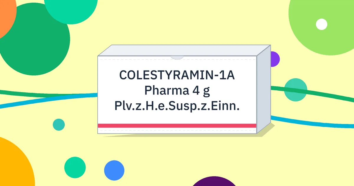 Symbolbild: Packung mit der Aufschrift COLESTYRAMIN-1A Pharma 4 g Plv.z.H.e.Susp.z.Einn. (PZN 14386078) – Verfügbarkeit und Bezug in Apotheken in Frankfurt am Main