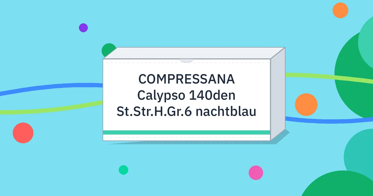 Symbolbild: Packung mit der Aufschrift COMPRESSANA Calypso 140den St.Str.H.Gr.6 nachtblau (PZN 11217872) – Verfügbarkeit und Bezug in Apotheken in Frankfurt am Main