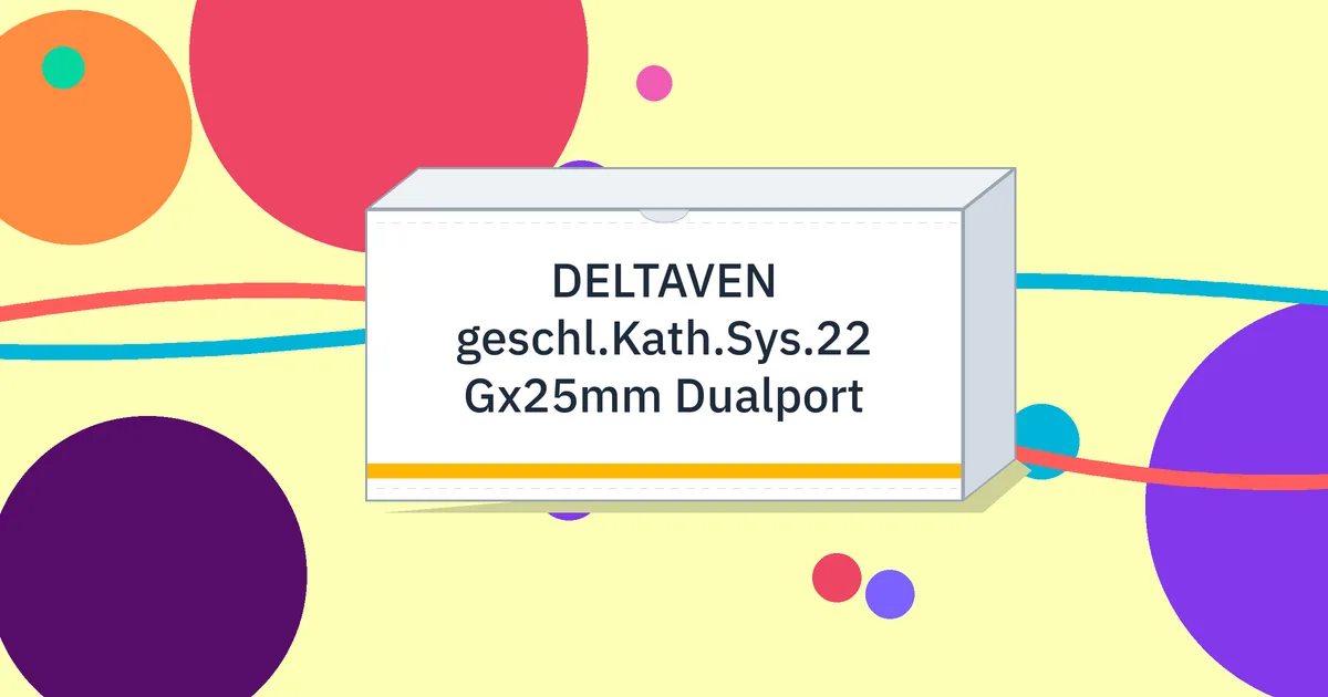 Symbolbild: Packung mit der Aufschrift DELTAVEN geschl.Kath.Sys.22 Gx25mm Dualport (PZN 13977044) – Verfügbarkeit und Bezug in Apotheken in Frankfurt am Main
