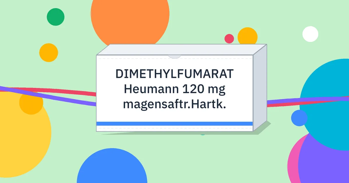 Symbolbild: Packung mit der Aufschrift DIMETHYLFUMARAT Heumann 120 mg magensaftr.Hartk. (PZN 18165233) – Verfügbarkeit und Bezug in Apotheken in Frankfurt am Main