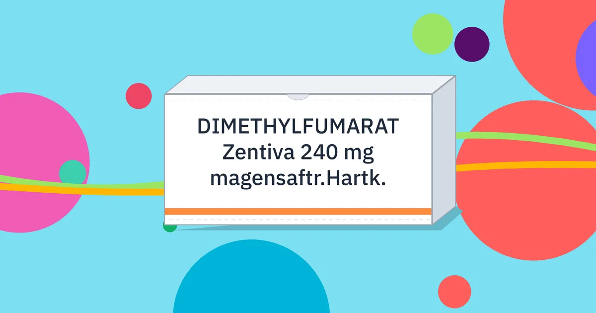 Symbolbild: Packung mit der Aufschrift DIMETHYLFUMARAT Zentiva 240 mg magensaftr.Hartk. (PZN 18117665) – Verfügbarkeit und Bezug in Apotheken in Frankfurt am Main