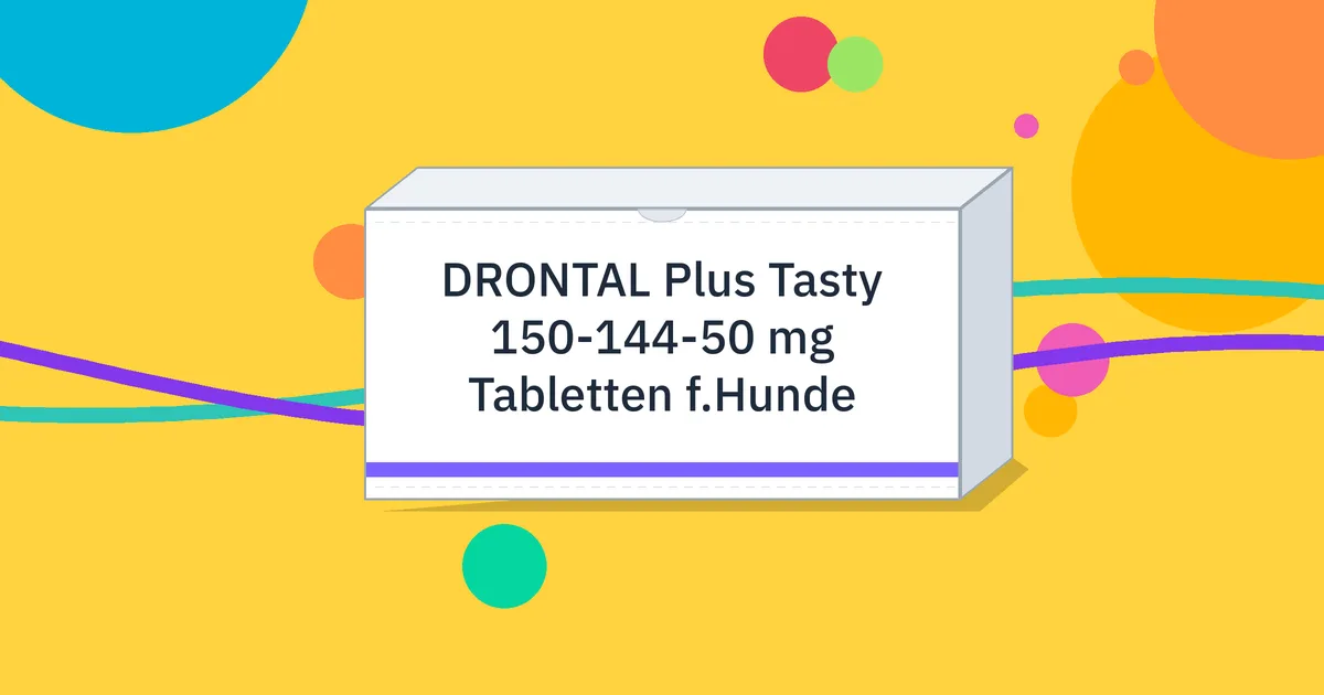 Symbolbild: Packung mit der Aufschrift DRONTAL Plus Tasty 150-144-50 mg Tabletten f.Hunde (PZN 10989213) – Verfügbarkeit und Bezug in Apotheken in Frankfurt am Main