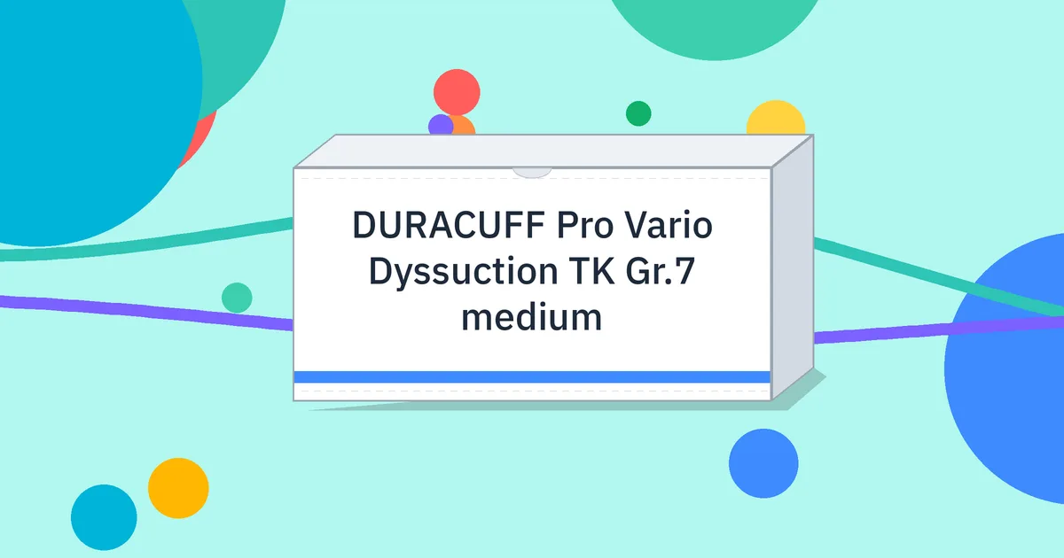 Symbolbild: Packung mit der Aufschrift DURACUFF Pro Vario Dyssuction TK Gr.7 medium (PZN 20088184) – Verfügbarkeit und Bezug in Apotheken in Frankfurt am Main
