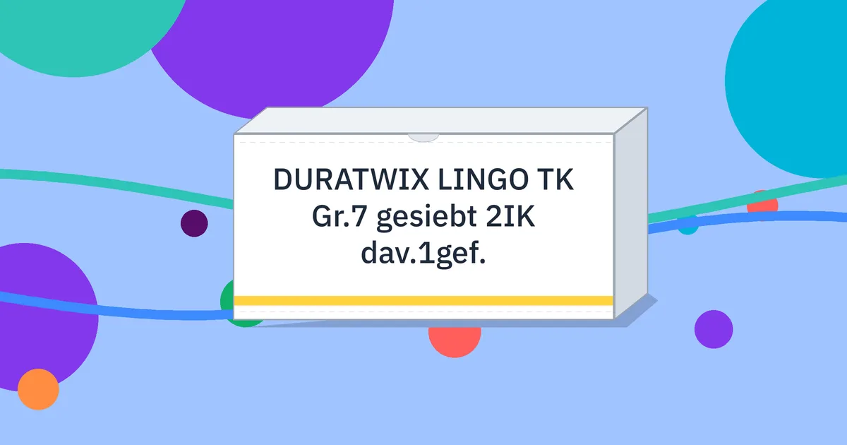 Symbolbild: Packung mit der Aufschrift DURATWIX LINGO TK Gr.7 gesiebt 2IK dav.1gef. (PZN 06969860) – Verfügbarkeit und Bezug in Apotheken in Frankfurt am Main