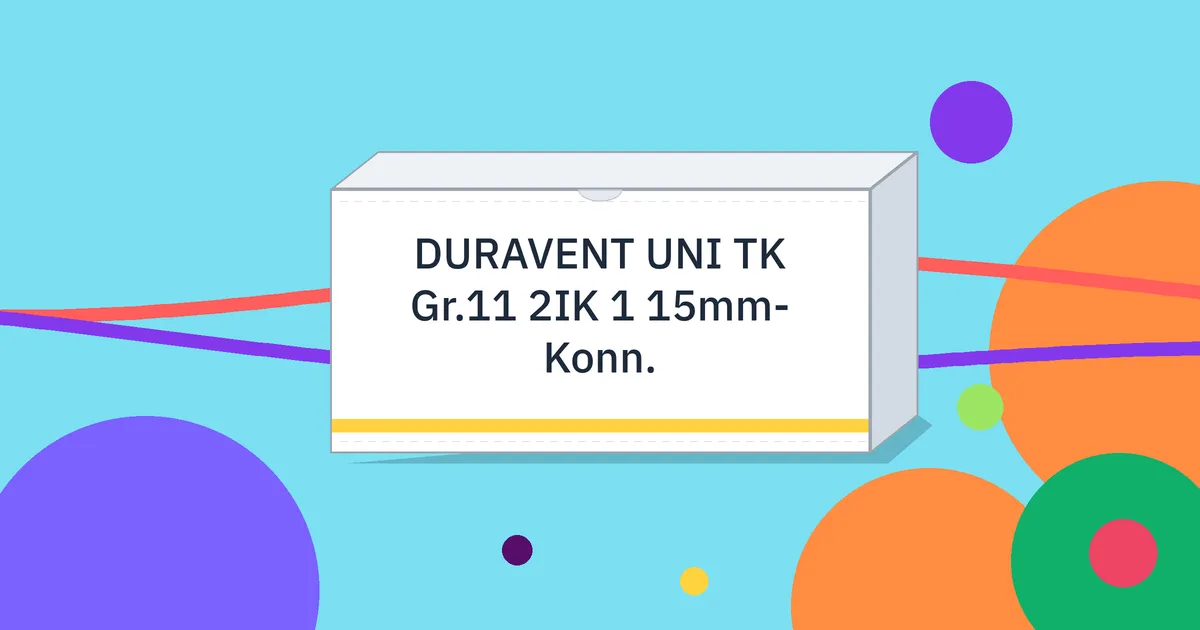 Symbolbild: Packung mit der Aufschrift DURAVENT UNI TK Gr.11 2IK 1 15mm-Konn. (PZN 04460767) – Verfügbarkeit und Bezug in Apotheken in Frankfurt am Main