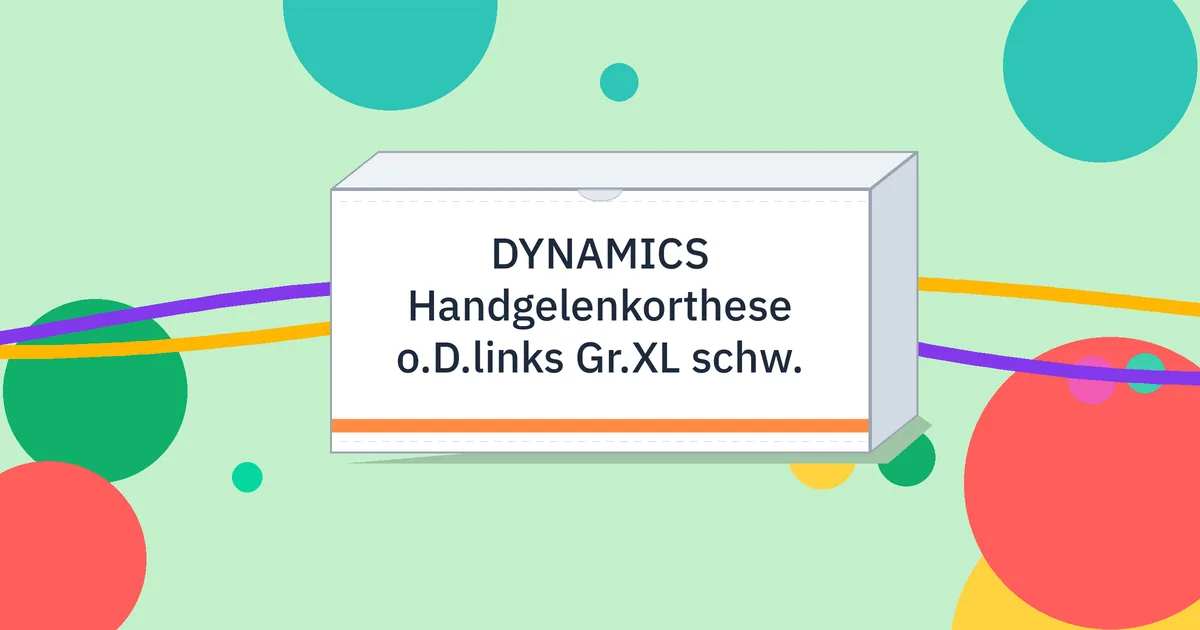 Symbolbild: Packung mit der Aufschrift DYNAMICS Handgelenkorthese o.D.links Gr.XL schw. (PZN 10633315) – Verfügbarkeit und Bezug in Apotheken in Frankfurt am Main