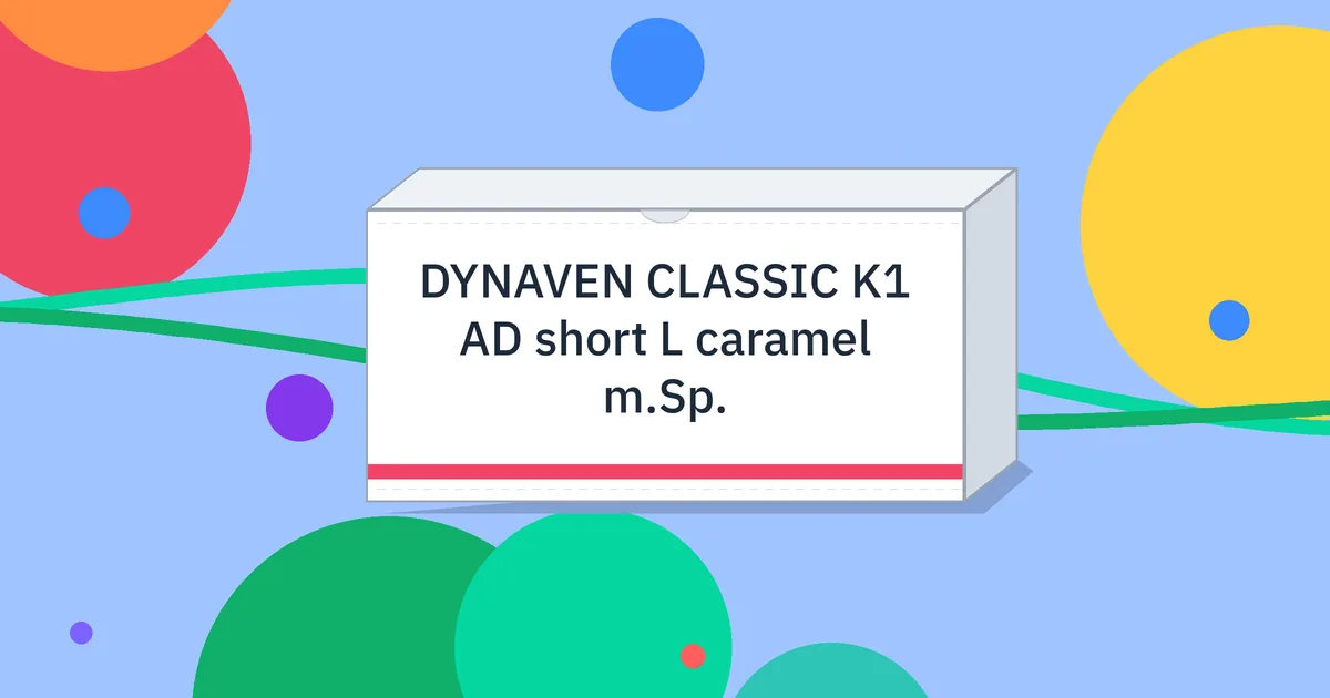 Symbolbild: Packung mit der Aufschrift DYNAVEN CLASSIC K1 AD short L caramel m.Sp. (PZN 18414908) – Verfügbarkeit und Bezug in Apotheken in Frankfurt am Main
