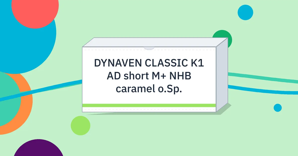 Symbolbild: Packung mit der Aufschrift DYNAVEN CLASSIC K1 AD short M+ NHB caramel o.Sp. (PZN 18414676) – Verfügbarkeit und Bezug in Apotheken in Frankfurt am Main