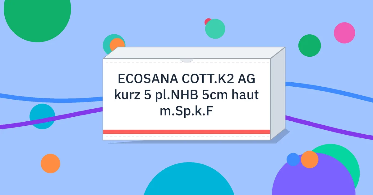 Symbolbild: Packung mit der Aufschrift ECOSANA COTT.K2 AG kurz 5 pl.NHB 5cm haut m.Sp.k.F (PZN 16950554) – Verfügbarkeit und Bezug in Apotheken in Frankfurt am Main