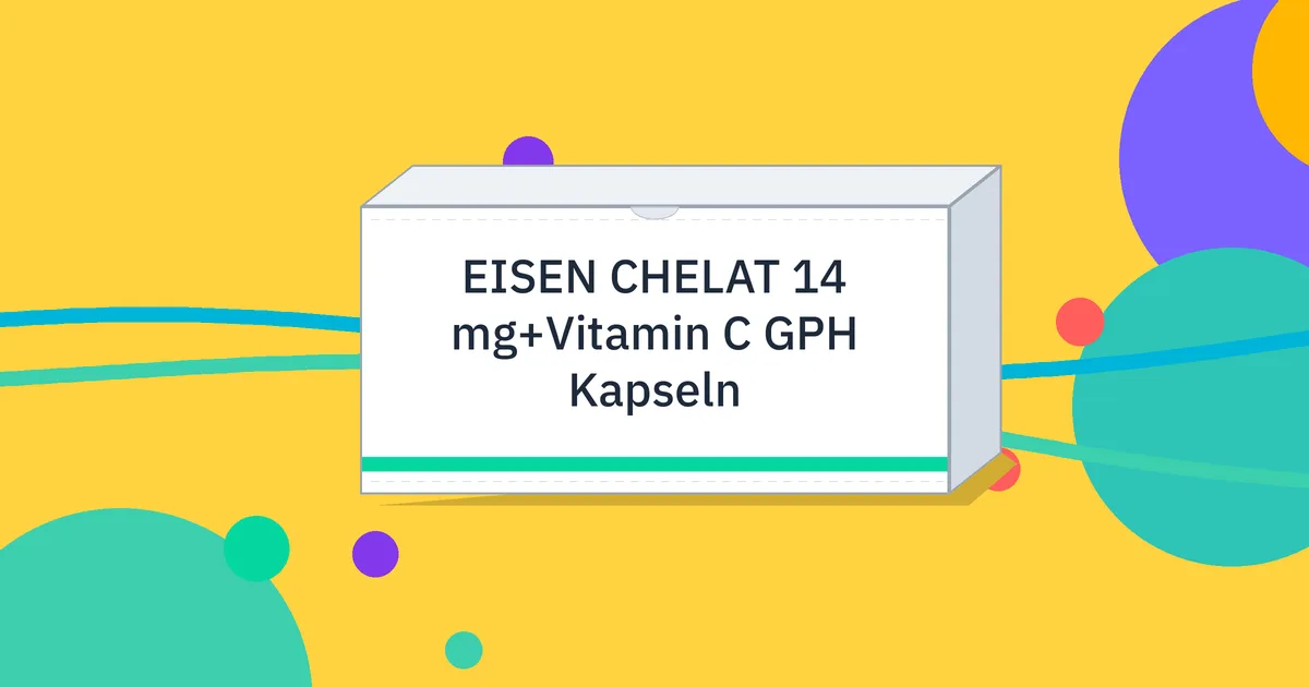 Symbolbild: Packung mit der Aufschrift EISEN CHELAT 14 mg+Vitamin C GPH Kapseln (PZN 10082329) – Verfügbarkeit und Bezug in Apotheken in Frankfurt am Main