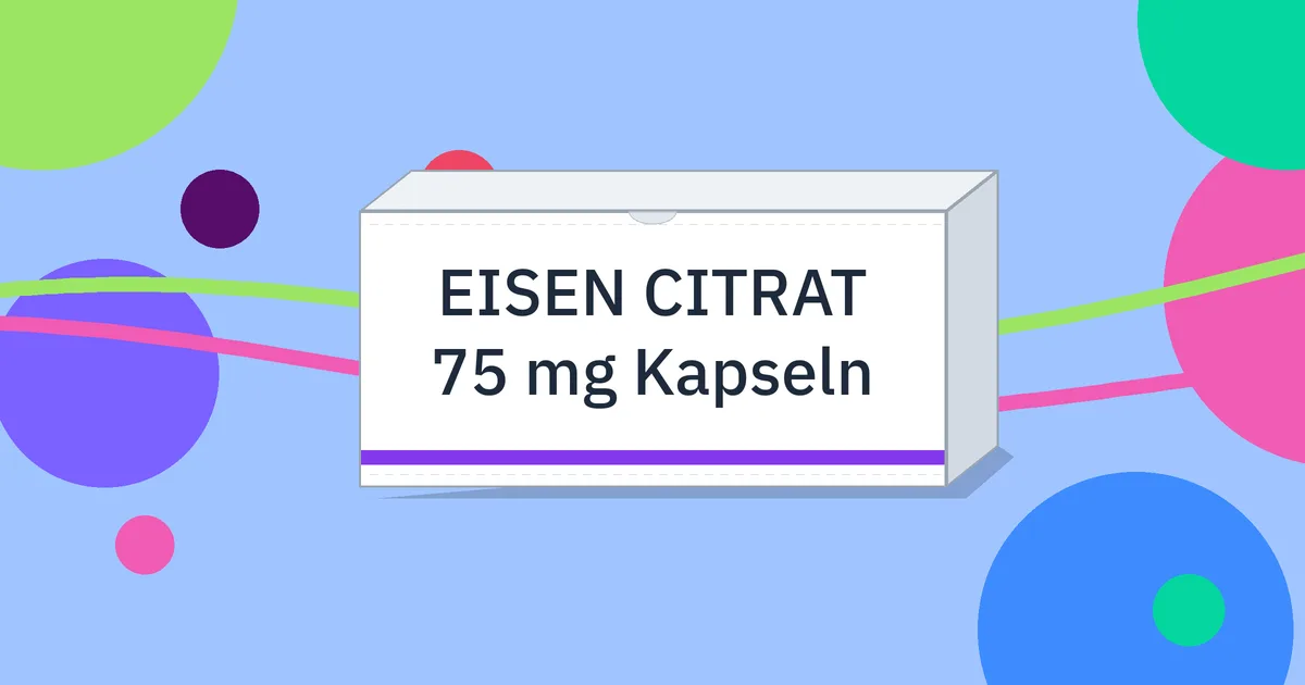 Symbolbild: Packung mit der Aufschrift EISEN CITRAT 75 mg Kapseln (PZN 19642557) – Verfügbarkeit und Bezug in Apotheken in Frankfurt am Main