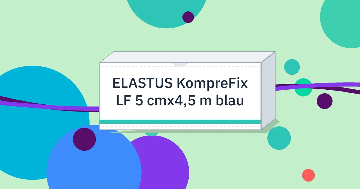 Symbolbild: Packung mit der Aufschrift ELASTUS KompreFix LF 5 cmx4,5 m blau (PZN 16678678) – Verfügbarkeit und Bezug in Apotheken in Frankfurt am Main