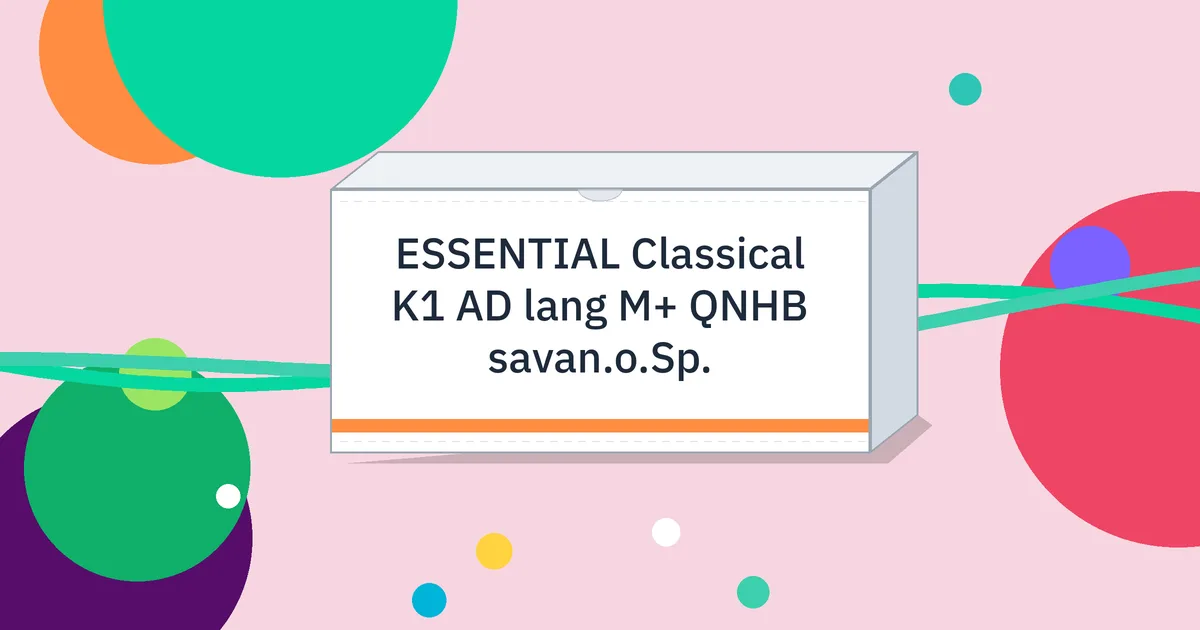 Symbolbild: Packung mit der Aufschrift ESSENTIAL Classical K1 AD lang M+ QNHB savan.o.Sp. (PZN 18866622) – Verfügbarkeit und Bezug in Apotheken in Frankfurt am Main