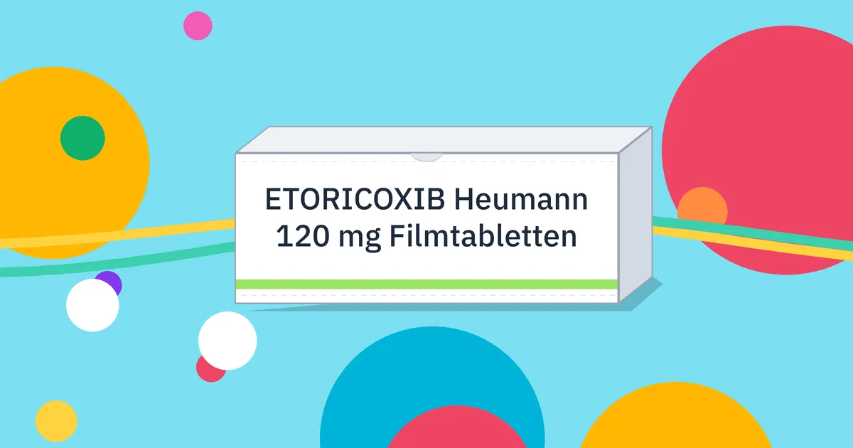 Symbolbild: Packung mit der Aufschrift ETORICOXIB Heumann 120 mg Filmtabletten (PZN 12545199) – Verfügbarkeit und Bezug in Apotheken in Frankfurt am Main