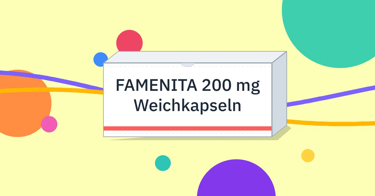 Symbolbild: Packung mit der Aufschrift FAMENITA 200 mg Weichkapseln (PZN 10391757) – Verfügbarkeit und Bezug in Apotheken in Frankfurt am Main