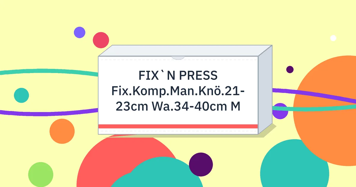 Symbolbild: Packung mit der Aufschrift FIX`N PRESS Fix.Komp.Man.Knö.21-23cm Wa.34-40cm M (PZN 19077583) – Verfügbarkeit und Bezug in Apotheken in Frankfurt am Main