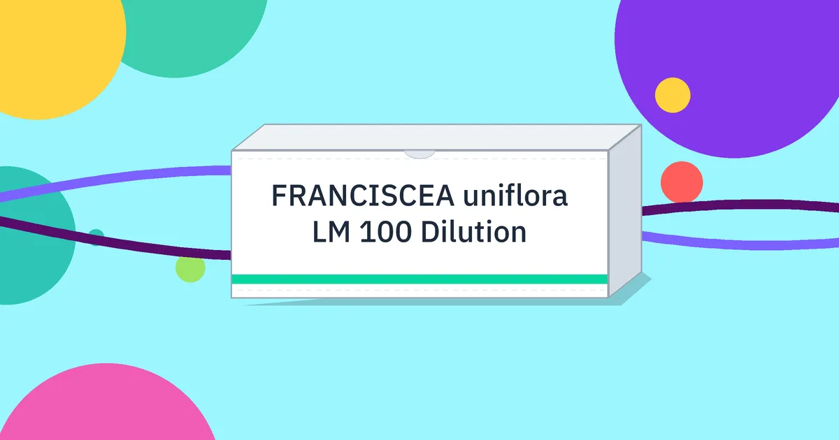 Symbolbild: Packung mit der Aufschrift FRANCISCEA uniflora LM 100 Dilution (PZN 13491399) – Verfügbarkeit und Bezug in Apotheken in Frankfurt am Main