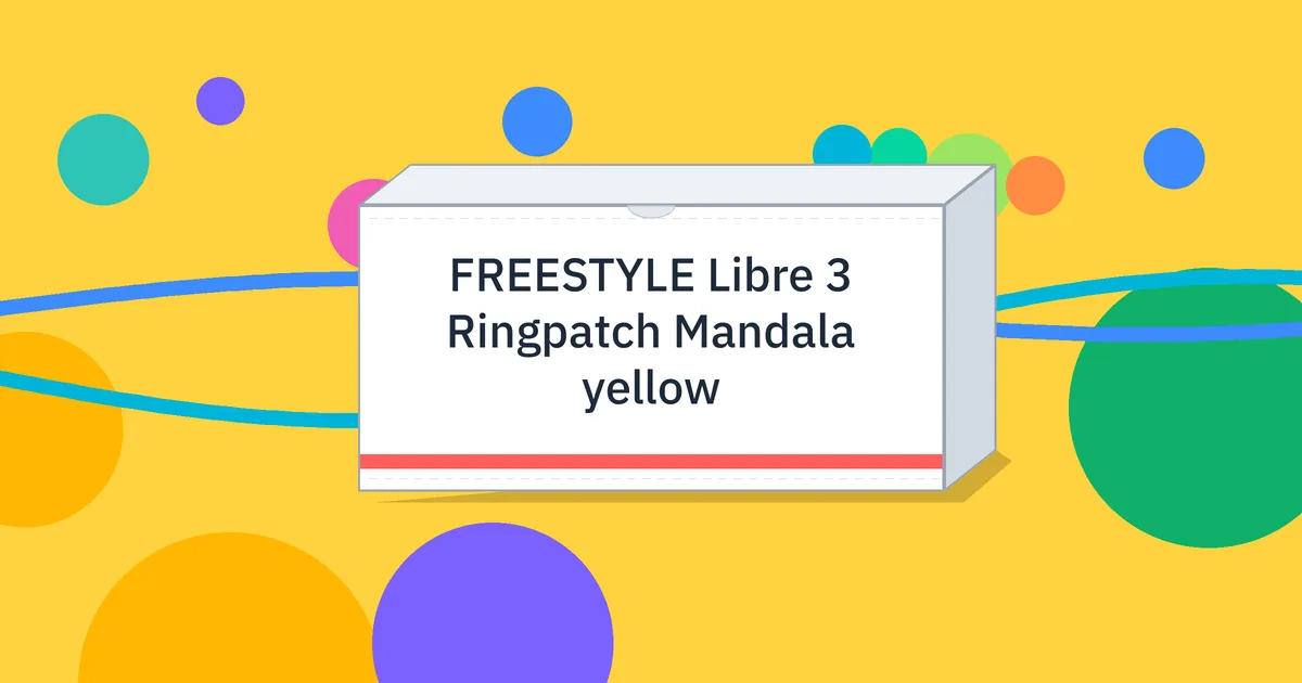 Symbolbild: Packung mit der Aufschrift FREESTYLE Libre 3 Ringpatch Mandala yellow (PZN 19865375) – Verfügbarkeit und Bezug in Apotheken in Frankfurt am Main