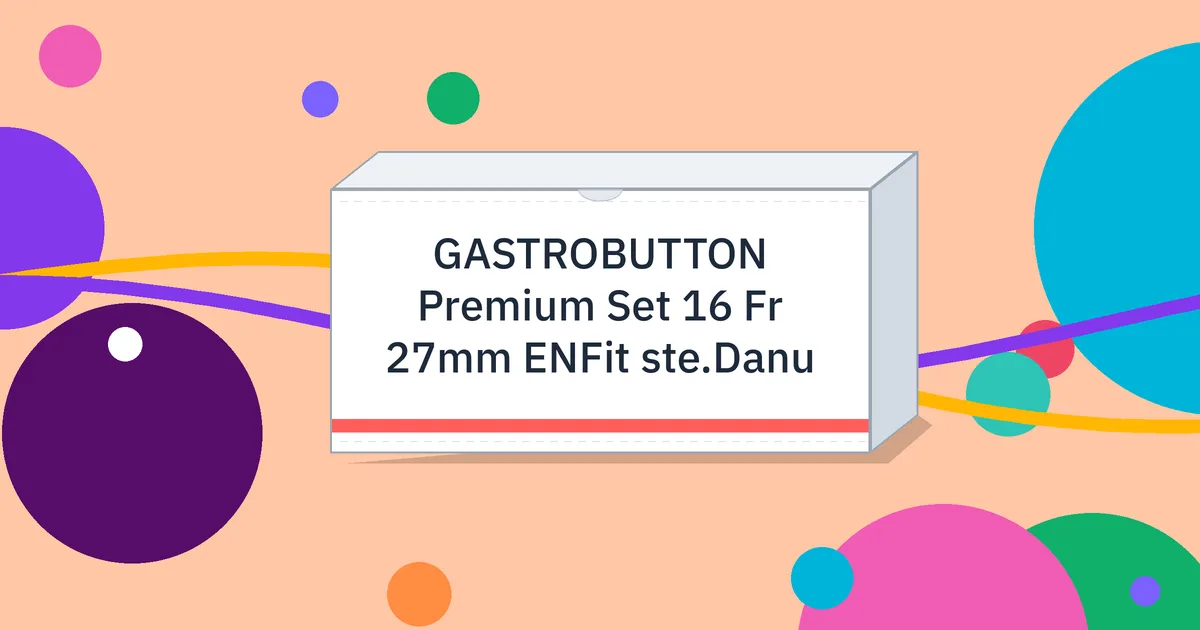 Symbolbild: Packung mit der Aufschrift GASTROBUTTON Premium Set 16 Fr 27mm ENFit ste.Danu (PZN 16883645) – Verfügbarkeit und Bezug in Apotheken in Frankfurt am Main