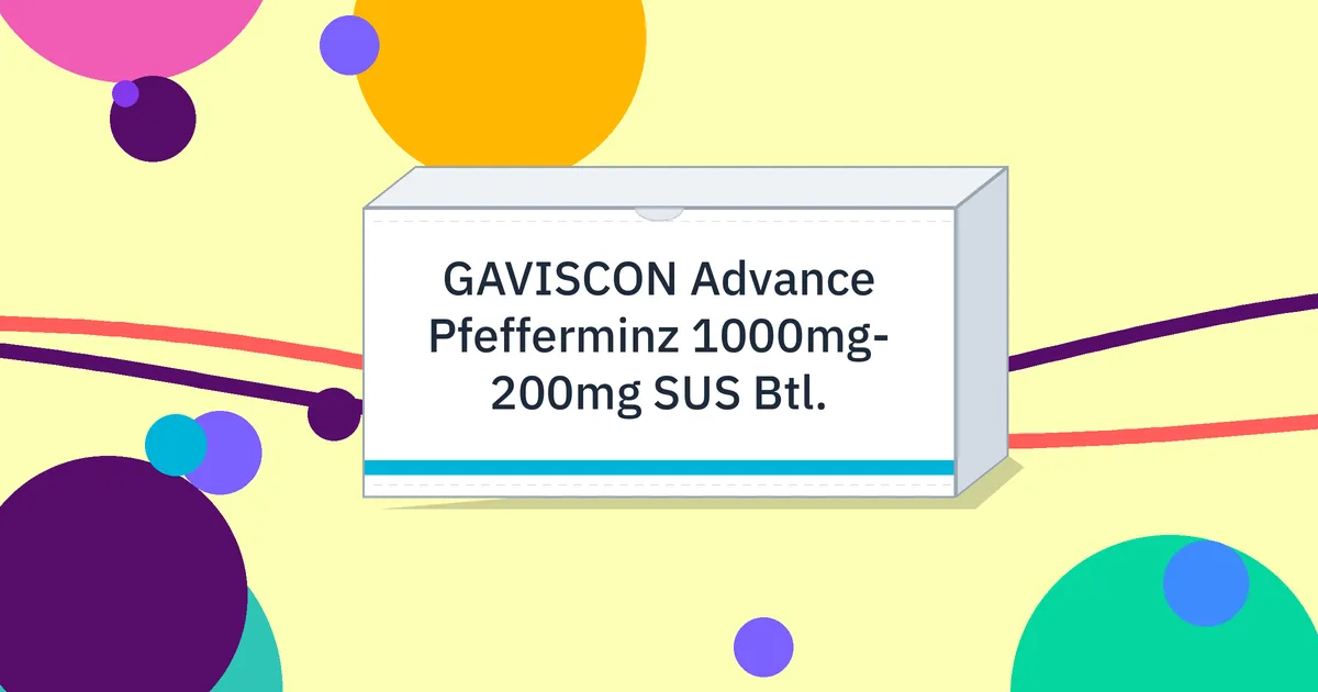 Symbolbild: Packung mit der Aufschrift GAVISCON Advance Pfefferminz 1000mg-200mg SUS Btl. (PZN 16884308) – Verfügbarkeit und Bezug in Apotheken in Frankfurt am Main
