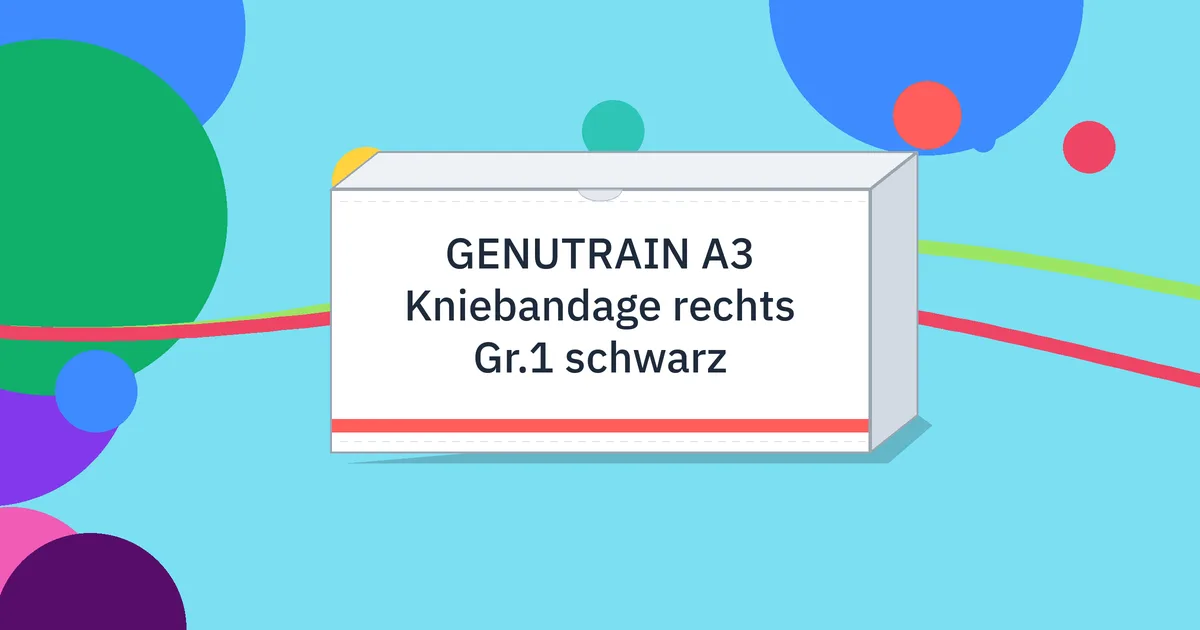 Symbolbild: Packung mit der Aufschrift GENUTRAIN A3 Kniebandage rechts Gr.1 schwarz (PZN 19099981) – Verfügbarkeit und Bezug in Apotheken in Frankfurt am Main
