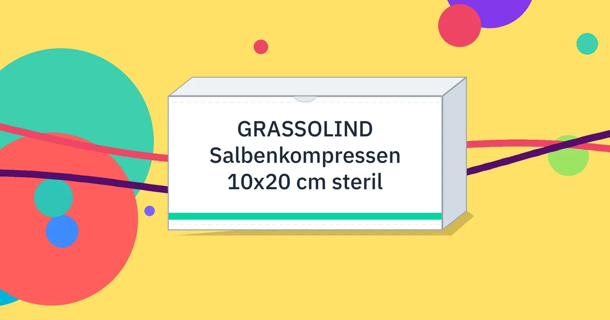 Symbolbild: Packung mit der Aufschrift GRASSOLIND Salbenkompressen 10x20 cm steril (PZN 16516332) – Verfügbarkeit und Bezug in Apotheken in Frankfurt am Main