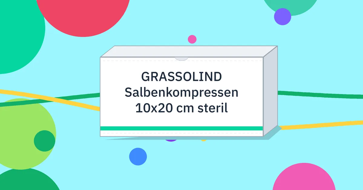 Symbolbild: Packung mit der Aufschrift GRASSOLIND Salbenkompressen 10x20 cm steril (PZN 18715892) – Verfügbarkeit und Bezug in Apotheken in Frankfurt am Main