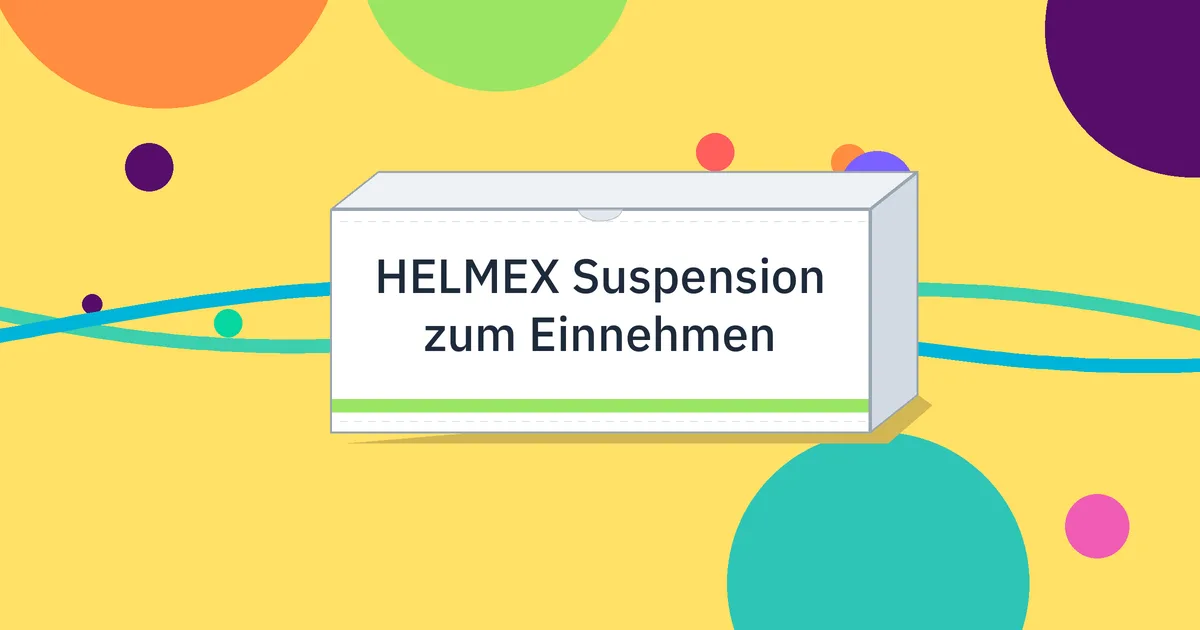 Symbolbild: Packung mit der Aufschrift HELMEX Suspension zum Einnehmen (PZN 01455524) – Verfügbarkeit und Bezug in Apotheken in Frankfurt am Main