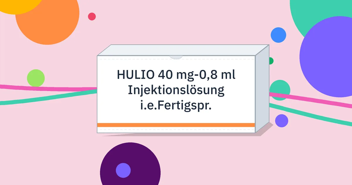 Symbolbild: Packung mit der Aufschrift HULIO 40 mg-0,8 ml Injektionslösung i.e.Fertigspr. (PZN 16759514) – Verfügbarkeit und Bezug in Apotheken in Frankfurt am Main