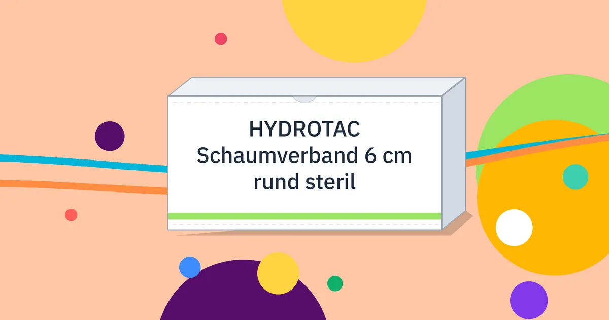 Symbolbild: Packung mit der Aufschrift HYDROTAC Schaumverband 6 cm rund steril (PZN 18125156) – Verfügbarkeit und Bezug in Apotheken in Frankfurt am Main