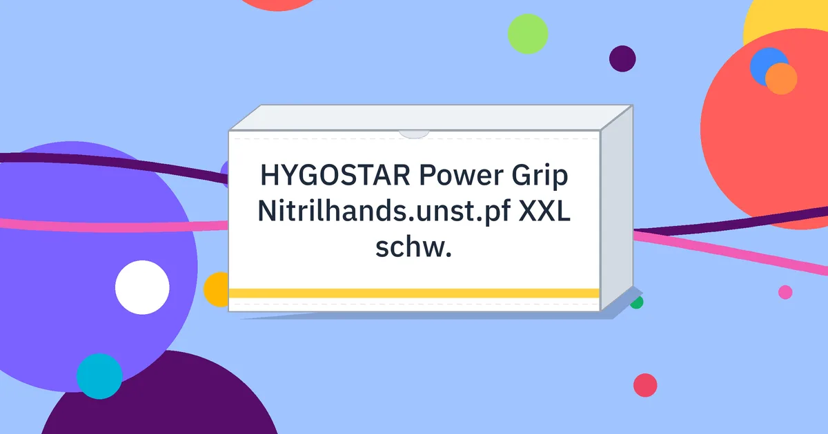 Symbolbild: Packung mit der Aufschrift HYGOSTAR Power Grip Nitrilhands.unst.pf XXL schw. (PZN 20775022) – Verfügbarkeit und Bezug in Apotheken in Frankfurt am Main