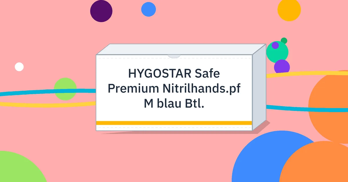 Symbolbild: Packung mit der Aufschrift HYGOSTAR Safe Premium Nitrilhands.pf M blau Btl. (PZN 20772905) – Verfügbarkeit und Bezug in Apotheken in Frankfurt am Main