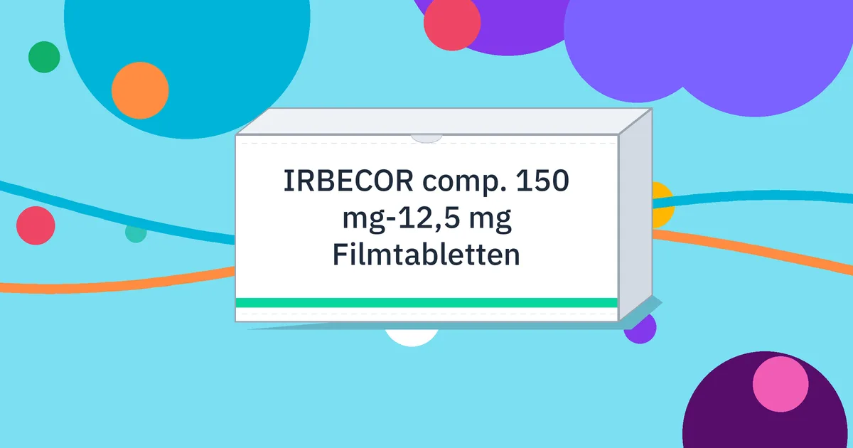 Symbolbild: Packung mit der Aufschrift IRBECOR comp. 150 mg-12,5 mg Filmtabletten (PZN 09765075) – Verfügbarkeit und Bezug in Apotheken in Frankfurt am Main