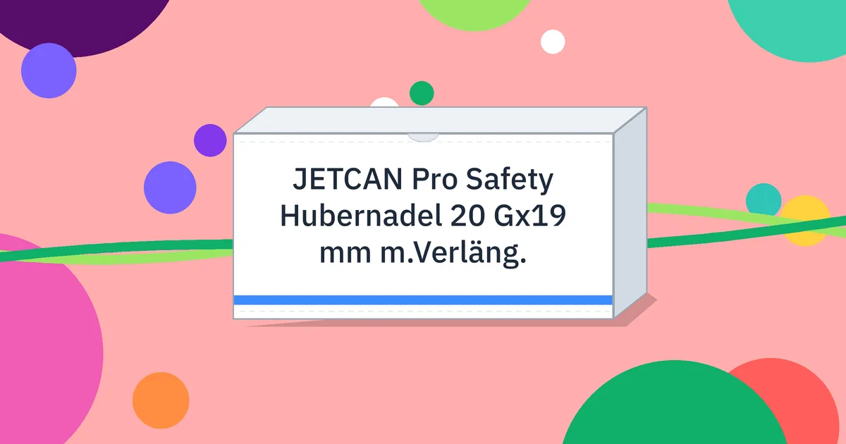 Symbolbild: Packung mit der Aufschrift JETCAN Pro Safety Hubernadel 20 Gx19 mm m.Verläng. (PZN 19420934) – Verfügbarkeit und Bezug in Apotheken in Frankfurt am Main