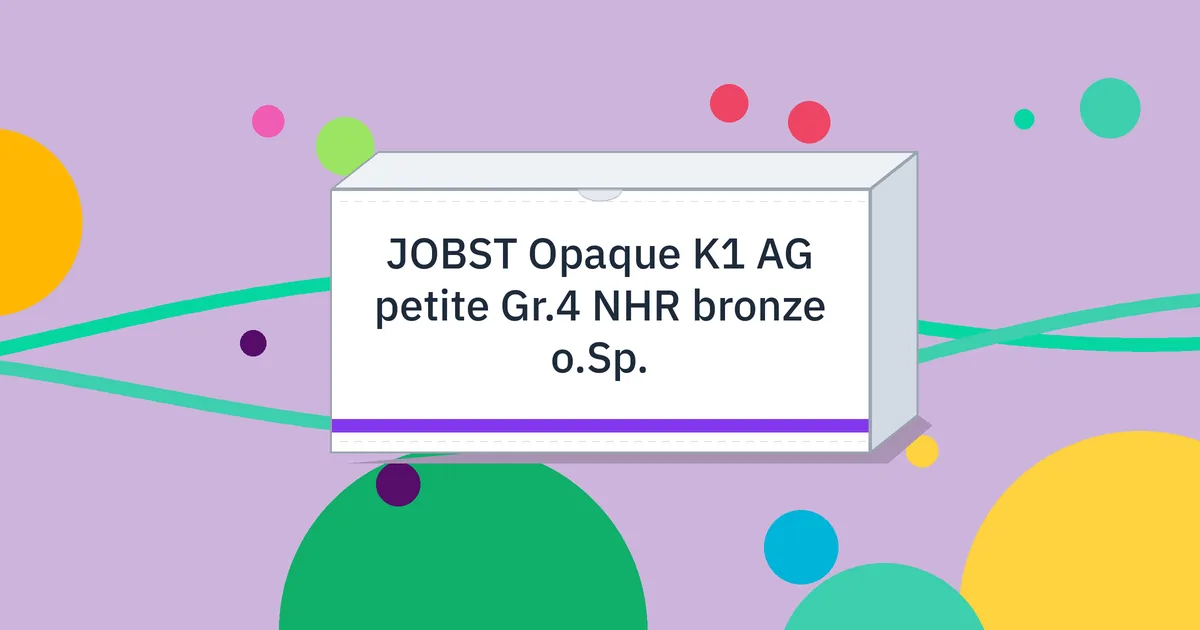 Symbolbild: Packung mit der Aufschrift JOBST Opaque K1 AG petite Gr.4 NHR bronze o.Sp. (PZN 13087994) – Verfügbarkeit und Bezug in Apotheken in Frankfurt am Main
