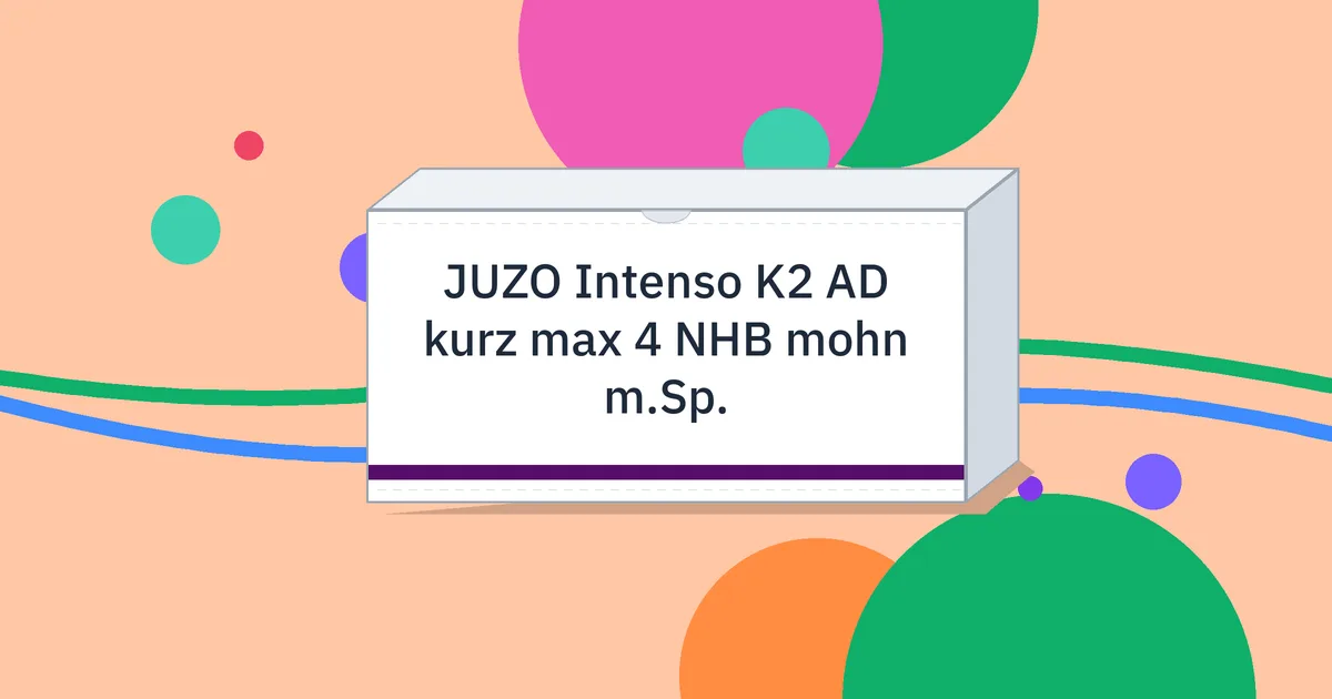 Symbolbild: Packung mit der Aufschrift JUZO Intenso K2 AD kurz max 4 NHB mohn m.Sp. (PZN 18612399) – Verfügbarkeit und Bezug in Apotheken in Frankfurt am Main